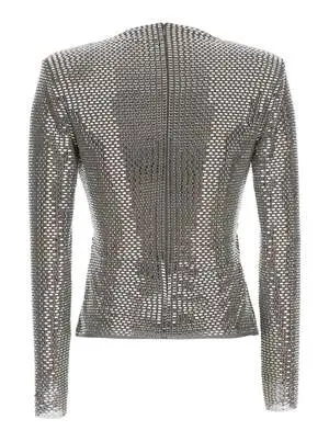 SELF-PORTRAIT Silver Colored Top With Draping And Applied Jewels All-over In Tech Fabric - Multicolor