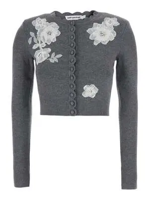 SELF-PORTRAIT Grey Cardigan With Embroidered Floral Lace Details In Wool For - Multicolor