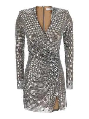 SELF-PORTRAIT Silver Colored Dress With Draping And Applied Jewels All-over In Tech Fabric - Multicolor