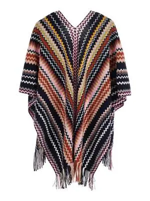 Missoni Cape With Fringed Hem And Zigzag Motif All-over In Wool Blend For - Multicolor