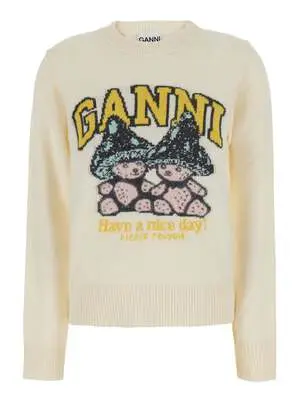 GANNI White Crewneck Sweater With Maxi Graphic On The Front In Blend Wool - Multicolor