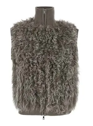 P.a.r.o.s.h Beige Sleeveless Jacket With High Collar And Applied Fur In Wool For