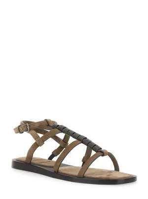 Brunello Cucinelli Brown Sandals With Adjustable Strap Closure And Monile Detail On The Front In Suede For - Multicolor