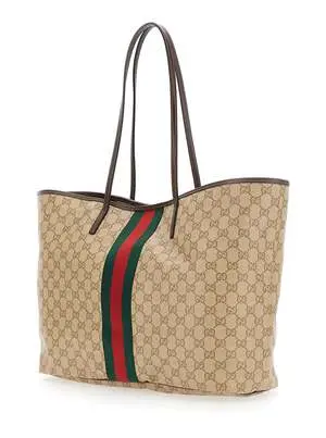 Gucci Essence' Beige Tote Bag With Maxi Web Stripe And Automatic Button Closure In Gg Canvas For - Multicolor