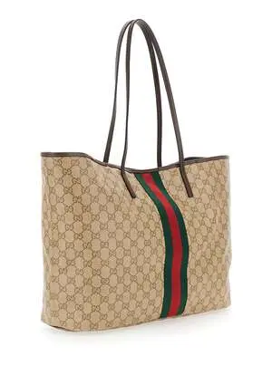 Gucci Essence' Beige Tote Bag With Maxi Web Stripe And Automatic Button Closure In Gg Canvas For - Multicolor