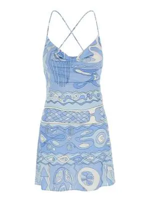 Emilio Pucci Light Blue Sleeveless Dress With Crossed Spaghetti Straps And All-over Geometric Print In Stretch Viscose For - Multicolor