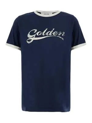 GOLDEN GOOSE Blue Crew Neck T-shirt With Logo Lettering On The Front In Cotton For - Multicolor