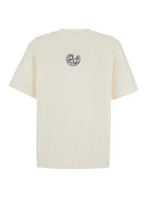 Stone Island Beige Crew Neck T-shirt With Logo On The Front And Maxi Logo Print On The Back In Cotton For - Cream
