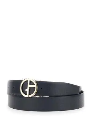 Giorgio Armani Reversible Belt With Ga Logo In Blue Leather