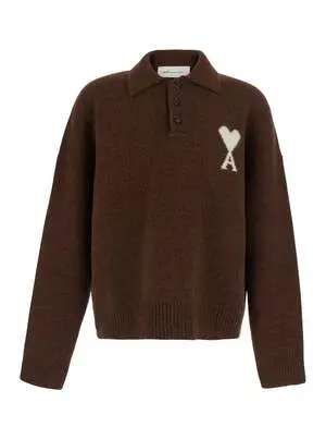 AMI Paris Ami Paris Men Brown Sweater With Polo Collar And Adc Embroidery On The Front In Wool For Men Brown