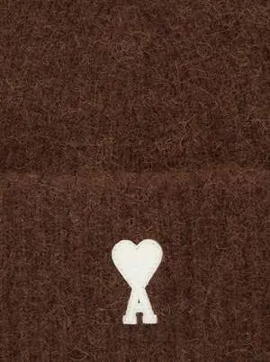 AMI Paris Beanie With De Coeur Logo And Brown Tech Fabric - Multicolor