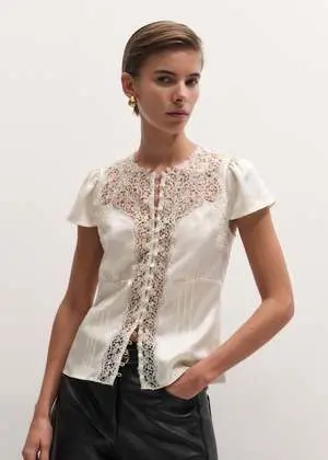 ME+EM Silk Satin And Lace Cap Sleeve Top - Light Cream