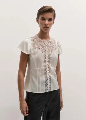 ME+EM Silk Satin And Lace Cap Sleeve Top - Light Cream
