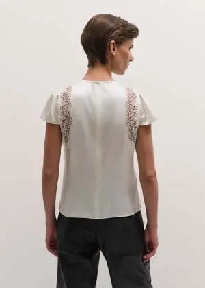 ME+EM Silk Satin And Lace Cap Sleeve Top - Light Cream