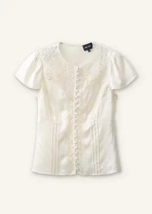 ME+EM Silk Satin And Lace Cap Sleeve Top - Light Cream
