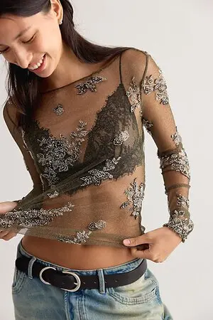 Free People Talk To Me Embellished Long Sleeve Top
