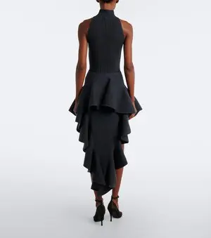 Alaïa Ribbed-knit Ruffled Wool-blend Midi Skirt