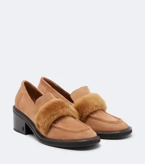 JIMMY CHOO Tylor Shearling-trimmed Suede Loafer Pumps - Brown