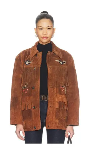 FOUND Hand Embroidered Suede Fringe Jacket - Brown