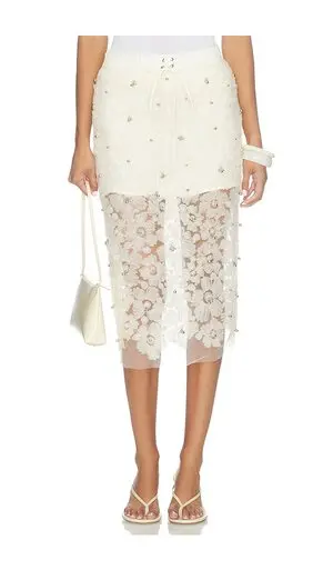 SIEDRES Siam Sheer Floral Applique Midi Skirt In Cream - Ecru