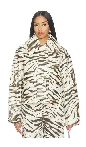 GANNI Printed Laminated Cotton Canvas Barn Jacket In Cream