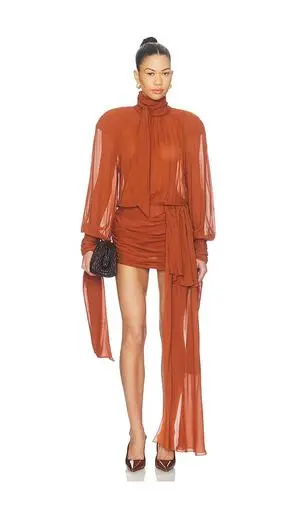 ROWEN ROSE Bow Neck Mini Dress In Burnt Orange - Tan