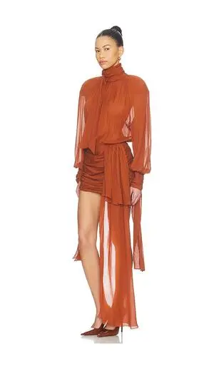 ROWEN ROSE Bow Neck Mini Dress In Burnt Orange