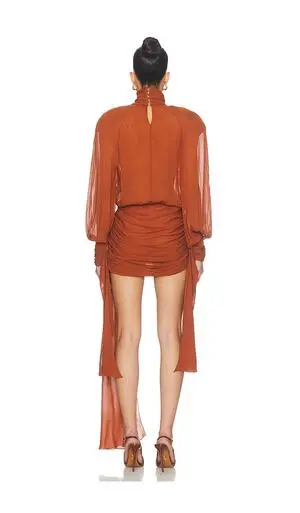 ROWEN ROSE Bow Neck Mini Dress In Burnt Orange