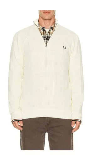 Fred Perry Waffle Stitch Half Zip Jumper In Cream - Ecru