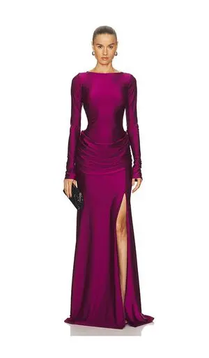 Lapointe Shine Jersey Long Sleeve Draped Waist Gown In Purple - Berry