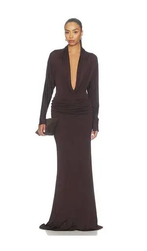 Lapointe Printed Jersey Dolman Cowl Neck Gown - Chocolate