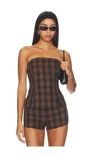 MORE TO COME Audriena Strapless Top In Brown - Plaid Multi