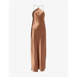Staud Cadence Pearl-strap Halter Satin Maxi Dress - Cigar