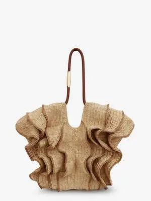 Zimmermann Goldentime Raffia Shoulder Bag With Ruffles - Beige