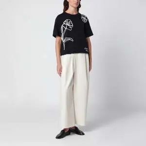 Max Mara T-shirt In Cotton With Floral Embroidery - Black