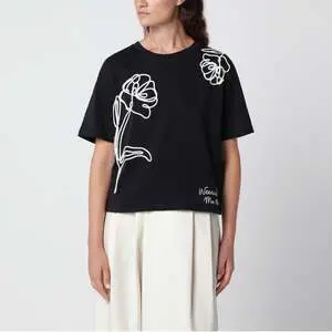 Max Mara T-shirt In Cotton With Floral Embroidery - Black