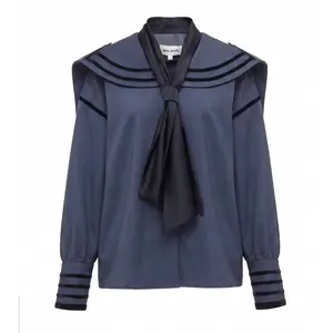 JULIA ALLERT Contrast Piping Sailor Collar Tie Front Blouse – Grey