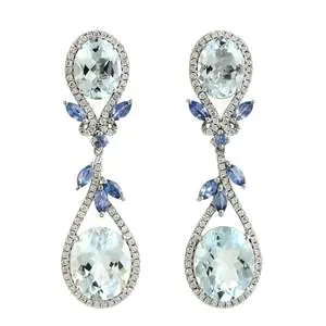 ARTISAN White / Blue 18k White Gold Aquamarine, Sapphire & Diamond Drop Earrings