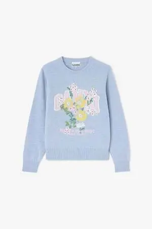 GANNI Ganni Graphic Wool Sweater With Flower Motif Blue Bonnet