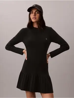 Calvin Klein Mock Neck Ribbed Mini Dress - Black