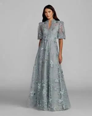 Mac Duggal Petite Queen Anne Puff Sleeve A-line Gown - Blue