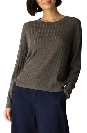 Eileen Fisher Ribbed Superfine Merino Wool Crewneck Sweater - Cobblestone