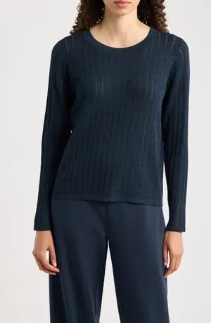 Eileen Fisher Ribbed Superfine Merino Wool Crewneck Sweater - Maritime