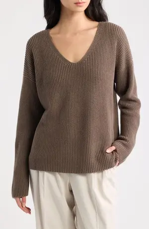 Eileen Fisher V-neck Organic Cotton & Tencel Lyocell Sweater Cobblestone