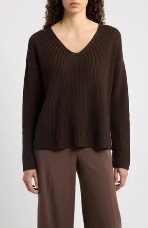 Eileen Fisher V-neck Organic Cotton & Tencel Lyocell Sweater Coffee