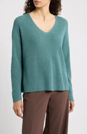 Eileen Fisher V-neck Organic Cotton & Tencel Lyocell Sweater Opal