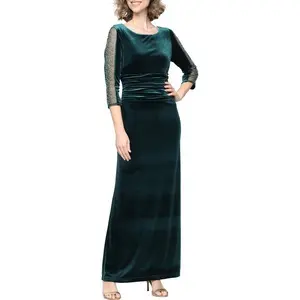 SL FASHIONS Beaded Sleeve Stretch Velvet Gown