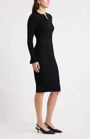 Caslon Striped Henley Sweater Dress - Black