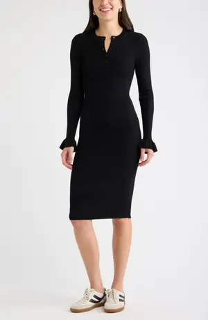 Caslon Striped Henley Sweater Dress - Black