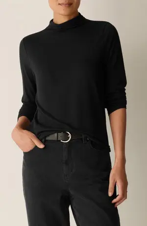 Eileen Fisher Funnel Neck Long Sleeve T-shirt - Black
